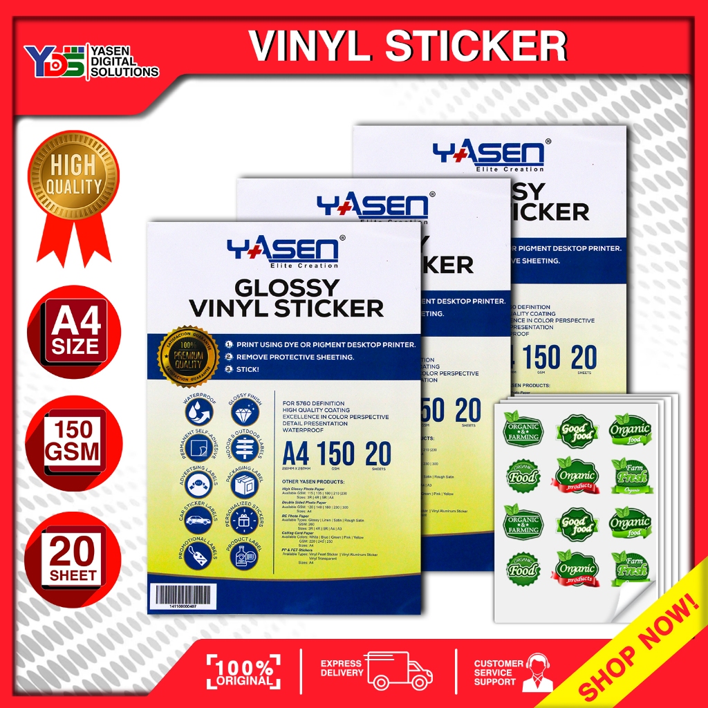 YASEN Vinyl Sticker Waterproof A4 Glossy | Matte | Transparent (20 ...