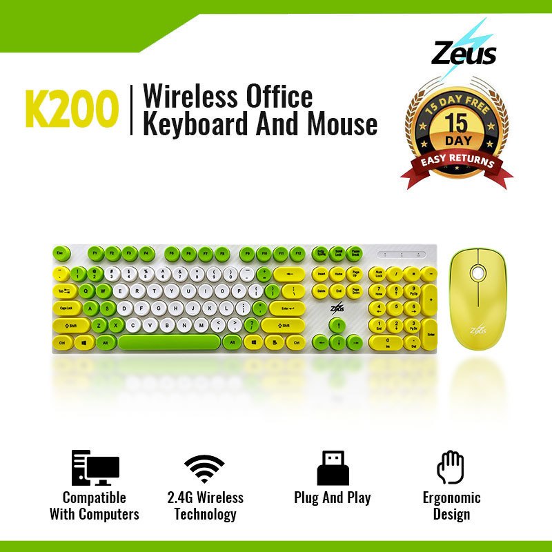 Zeus K-200 Rainbow Slim 2.4GHz Wireless Keyboard And Mouse Set W/ USB ...