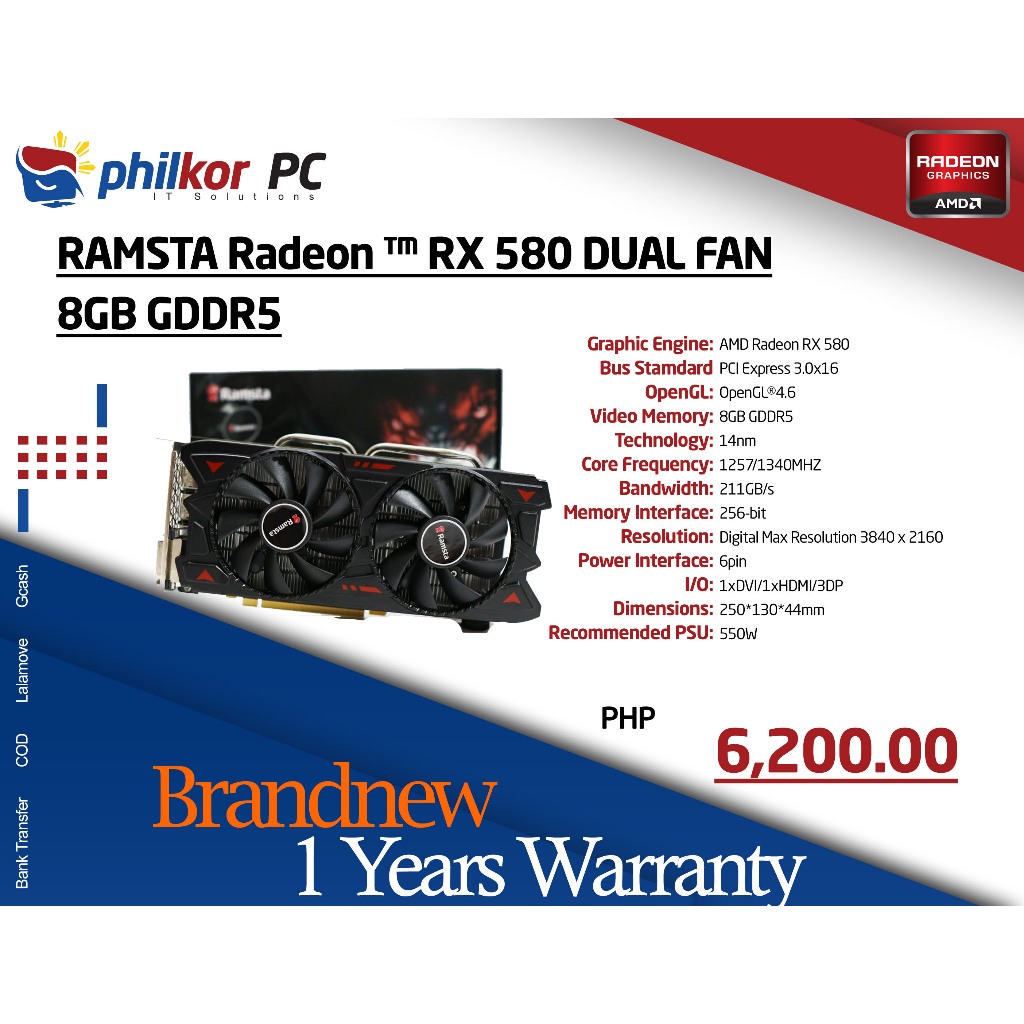 RAMSTA Radeon ™ RX 580 DUAL FANm8GB GDDR5 brandnew | Shopee Philippines