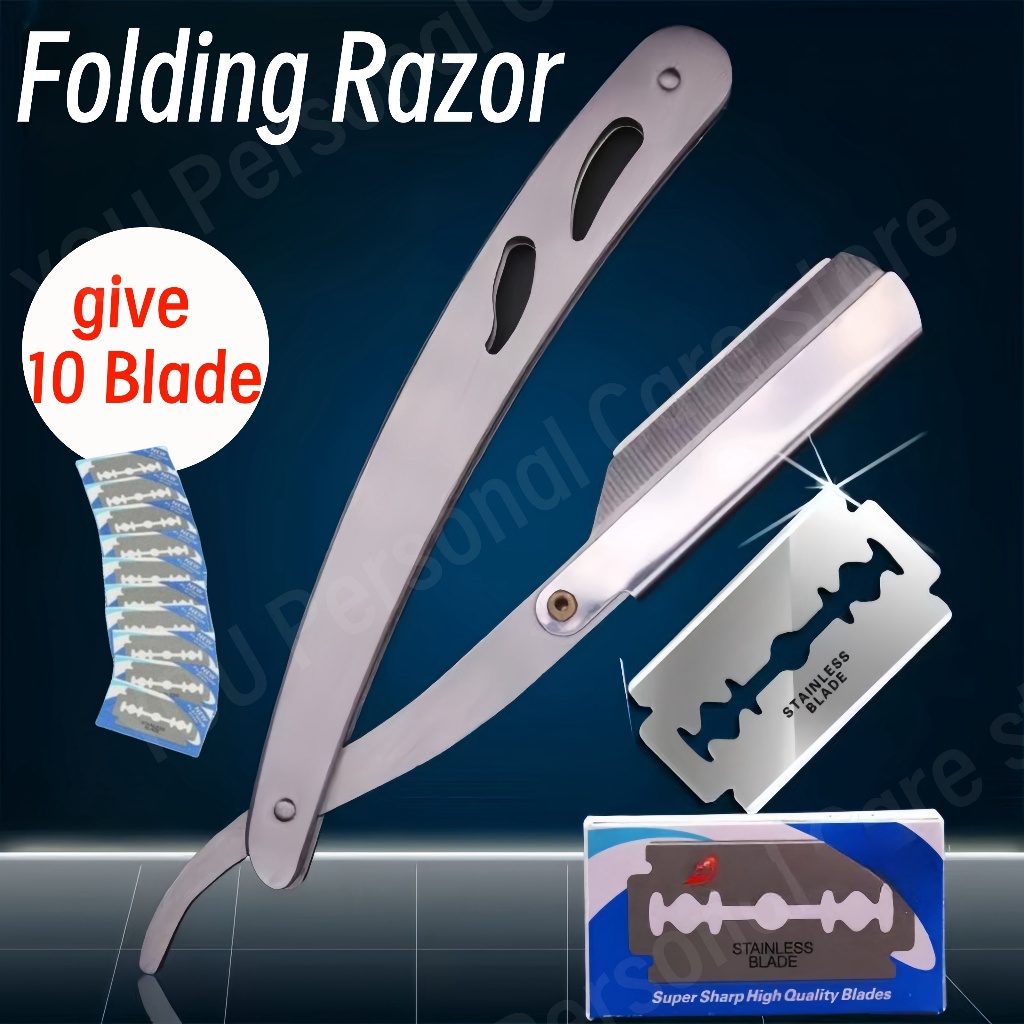 Knife+10xBlade Straight Edge Stainless Steel Shaving Folding Barber ...