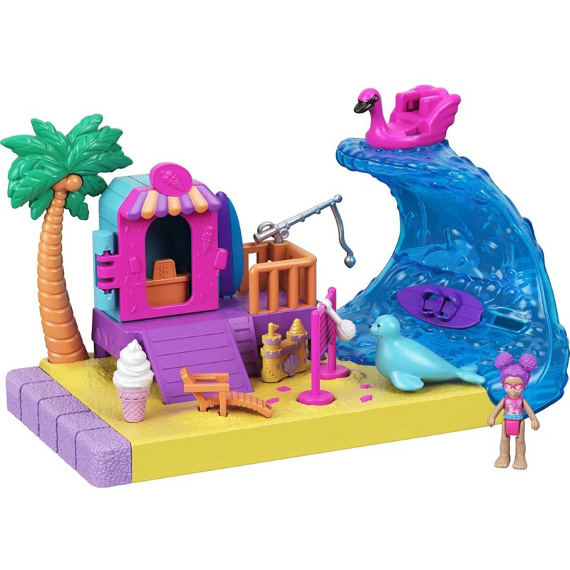 Polly Pocket Pollyville Playset, Sunshine Beach with Micro Doll, Seal ...
