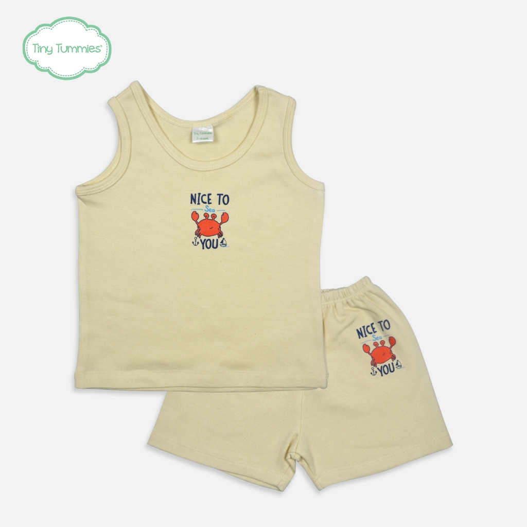 Tiny Tummies Sando with Short Set Beige "Nice To Sea You" print details ...