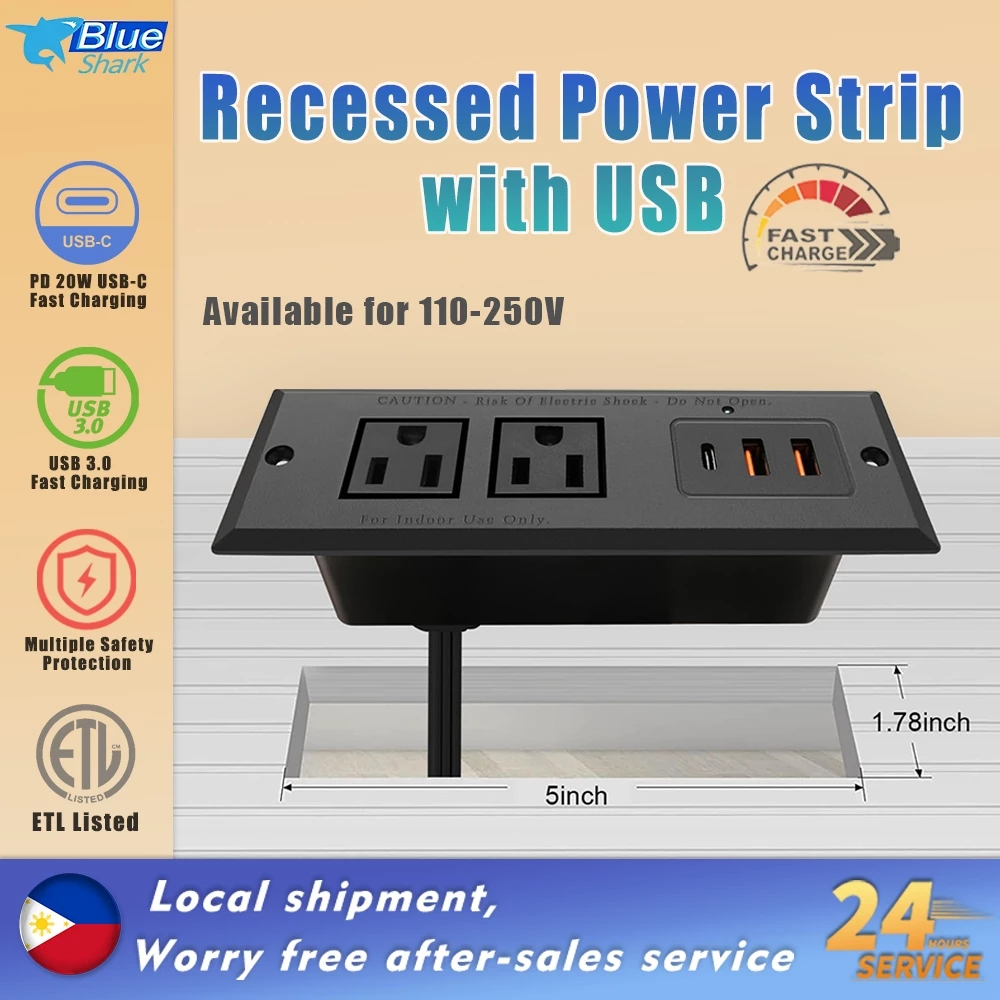Embedded Socket Desk Extension Cord With USB 3.0 & 20W Type C 2 Outlets ...
