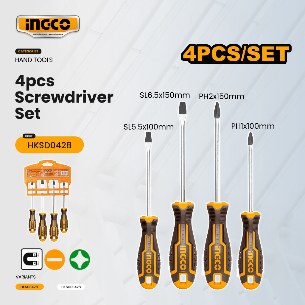 Ingco 4pcs Flat & Phillips Screwdriver Set Cr-V/S2 Steel Magnetic Tip ...