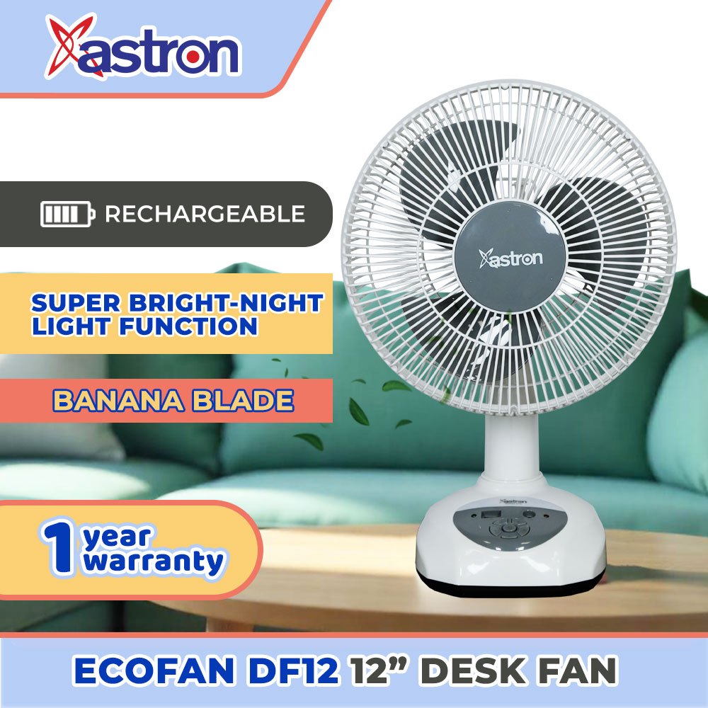 Astron ECOFANDF12 12" Rechargeable Desk Fan - 3 Leave Blade | with LED ...
