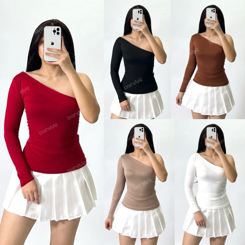 CHING One Side Shoulder LONG SLEEVE Full Length Basic Top Double Lining ...