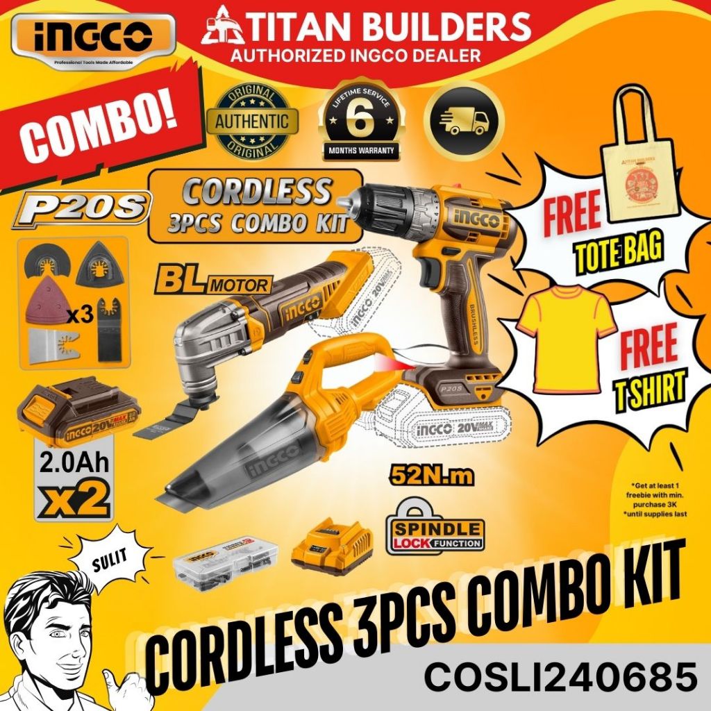 Ingco by Titan Cordless 3PCS Combo Kit 20V, Multi-Tool, Brushless Drill ...
