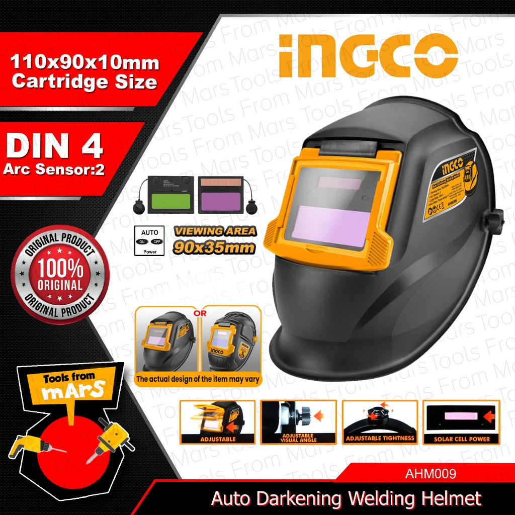 Ingco Auto Darkening Welding Helmet 90x35mm Viewing Area Solar Powered ...
