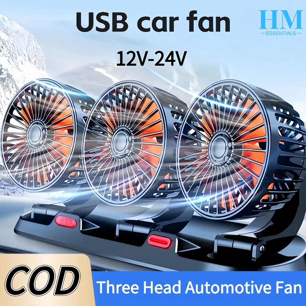 Universal Car Fan 12V/24V USB Electric Three Head Automotive Fan 360 ...
