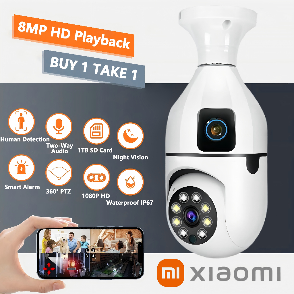 BUY 1 TAKE 1 XIAOMI V380 Pro CCTV Bulb Camera Dual Lens 16MP HD No Wifi ...