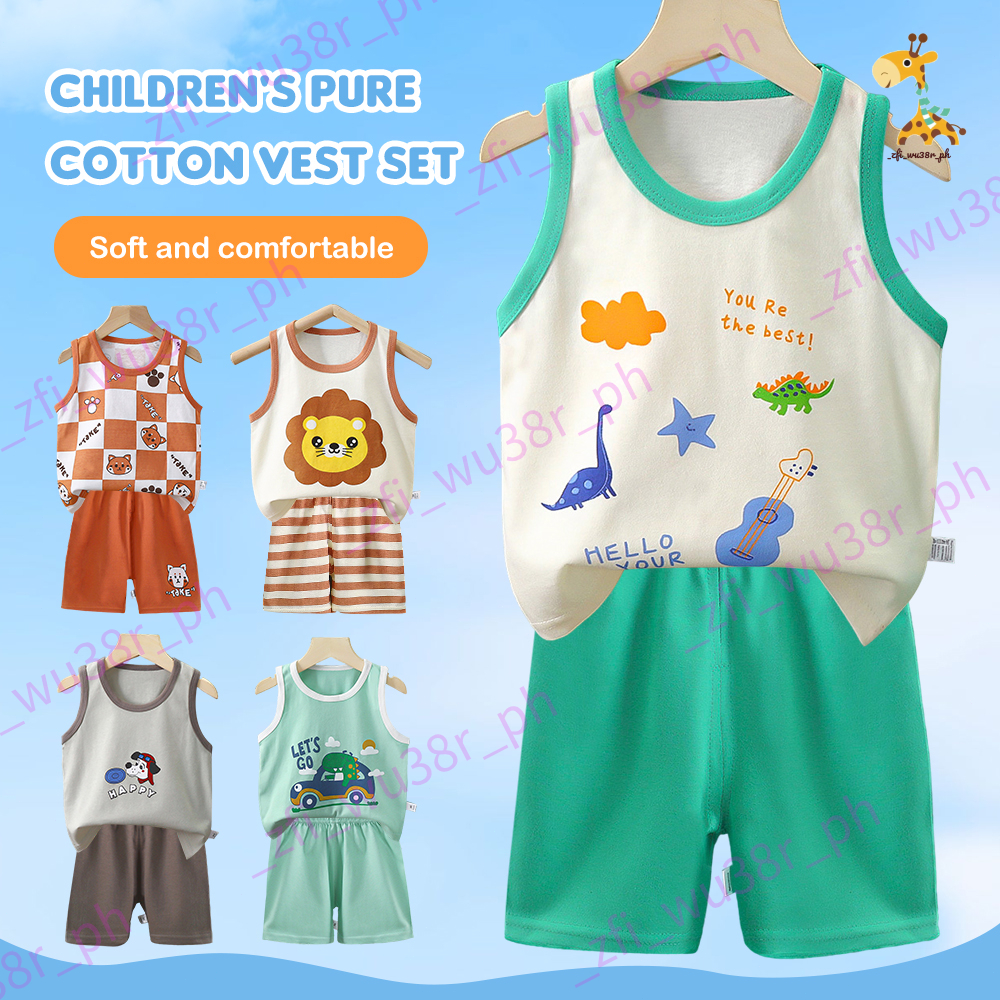 Kids Terno Shorts Set for Boys Girls Sleeveless Sando Cotton Shirt Vest ...