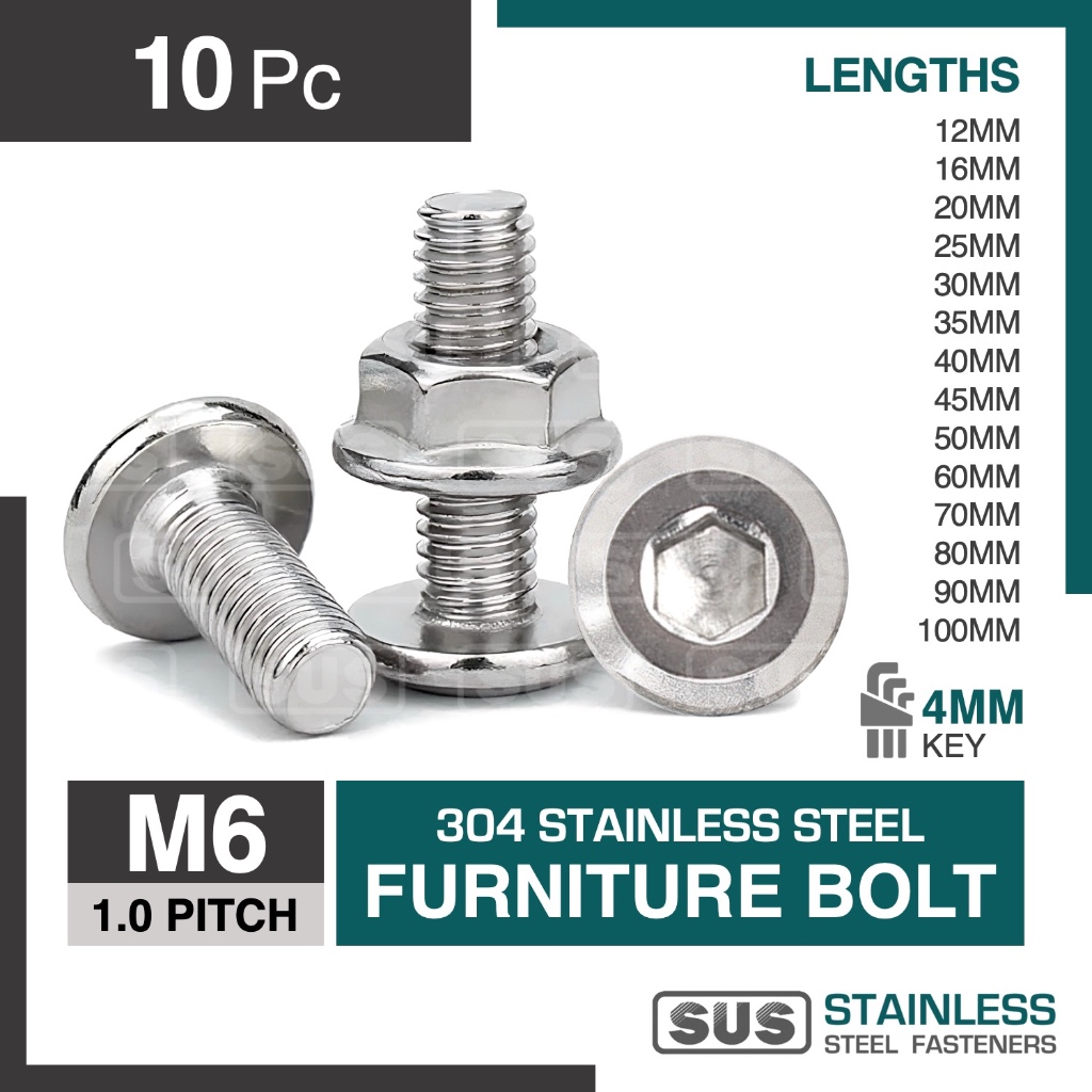 10pc M6 ( 6MM ) 304 Stainless Steel Furniture Bolt / SS Allen Wafer ...