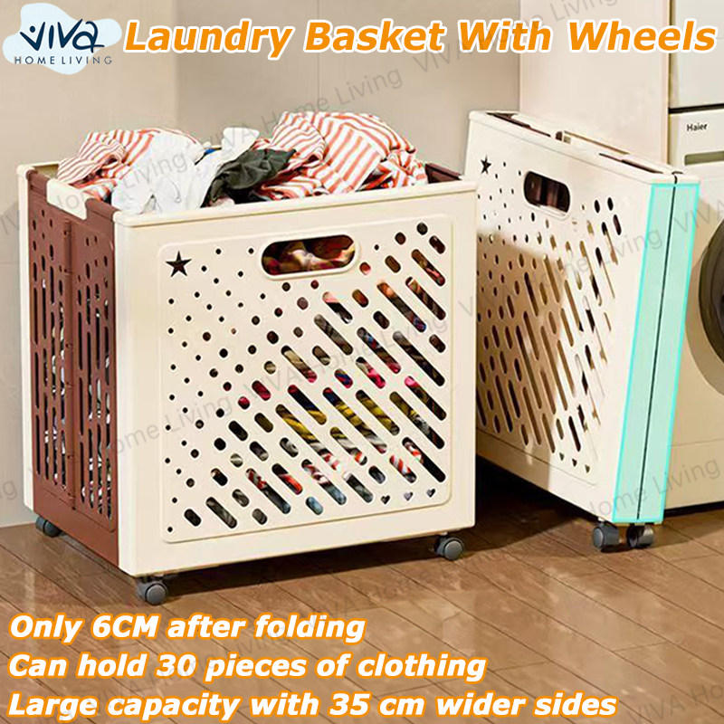 Collapsible Laundry Basket with wheels, Plastic Laundry Basket with ...