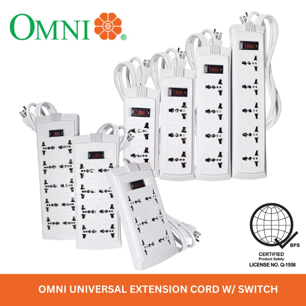 OMNI Universal Outlet Extension Cord with Switch 6ft/1.83 Meter Wire 2 ...