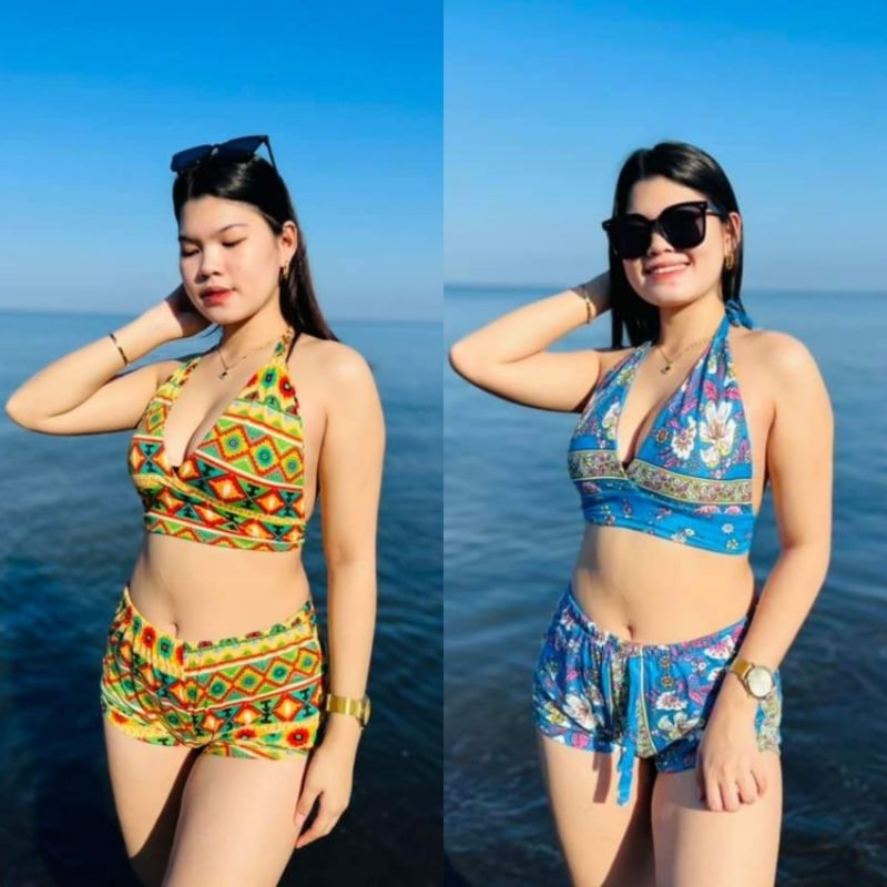 Freesize two piece swimwear/beachwear in cotton spandex fabric(NO PADDING) | Shopee Philippines