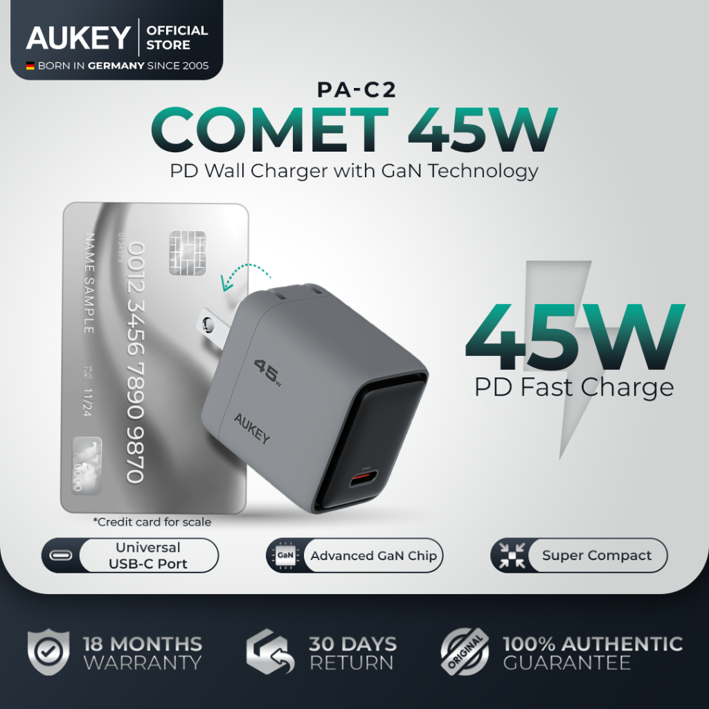 AUKEY Comet PA-C2 45W Ultra-Compact GaN PD Wall Charger, Fast Charging ...