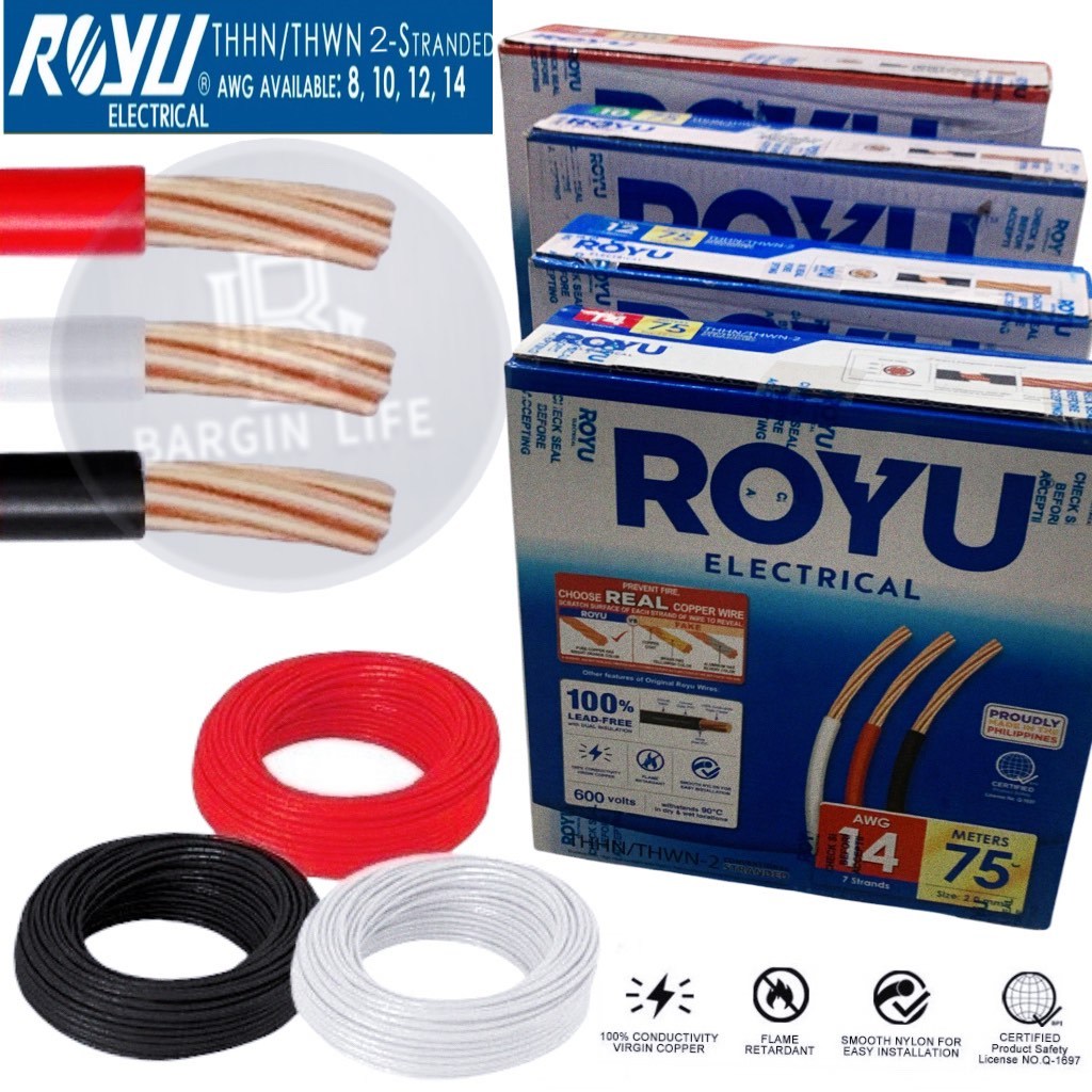 ROYU WIRE THHN/THWN - 2 Conventional Stranded (PER BOX) 75-100meters ...