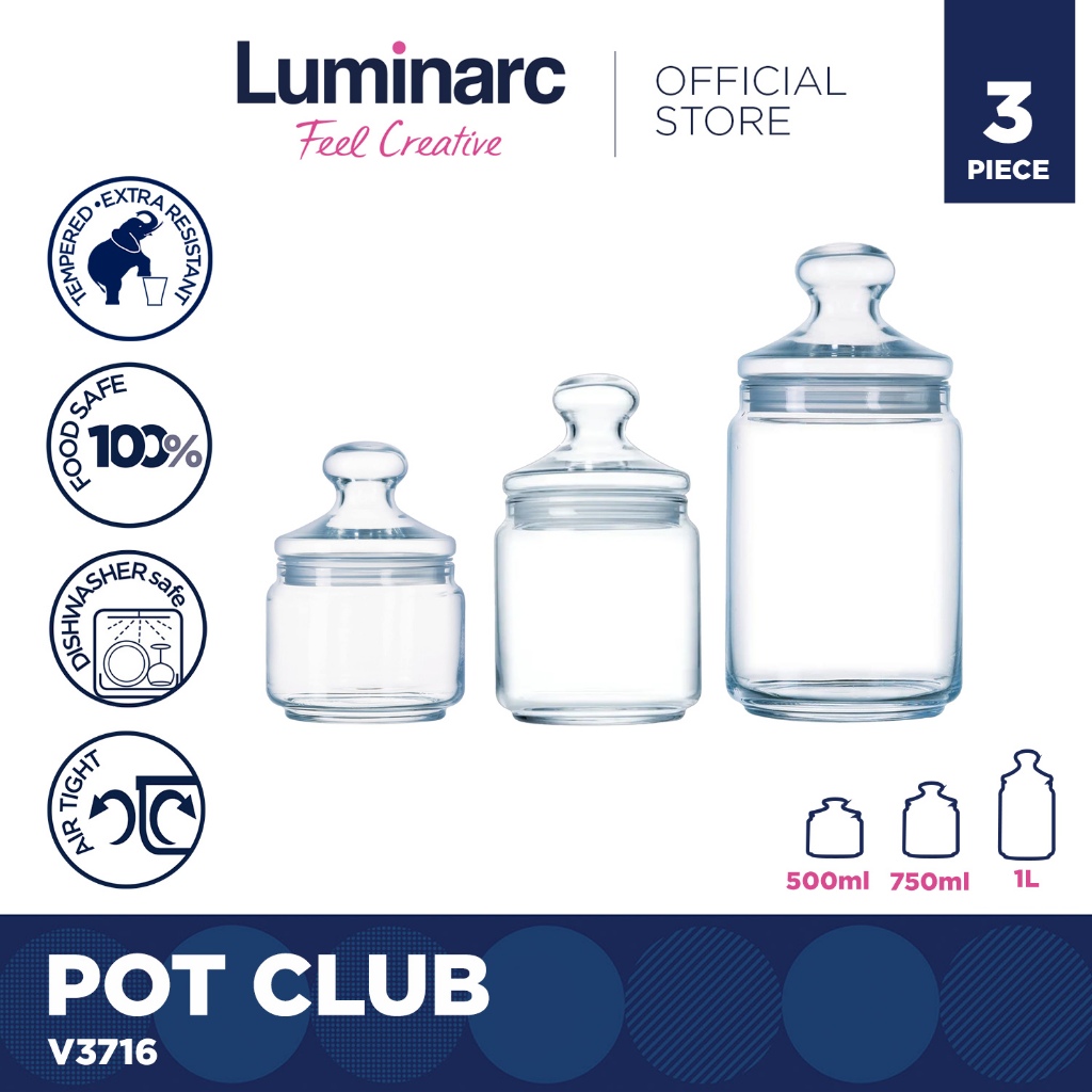 Luminarc V3716 3pc Pot Club Food Canister Glass Container Jar Set ...