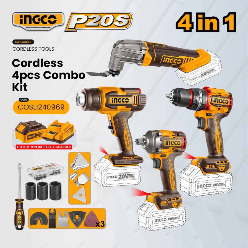 Ingco 4pcs Cordless Combo Kit Brushless Impact Drill w/ Impact Wrench ...