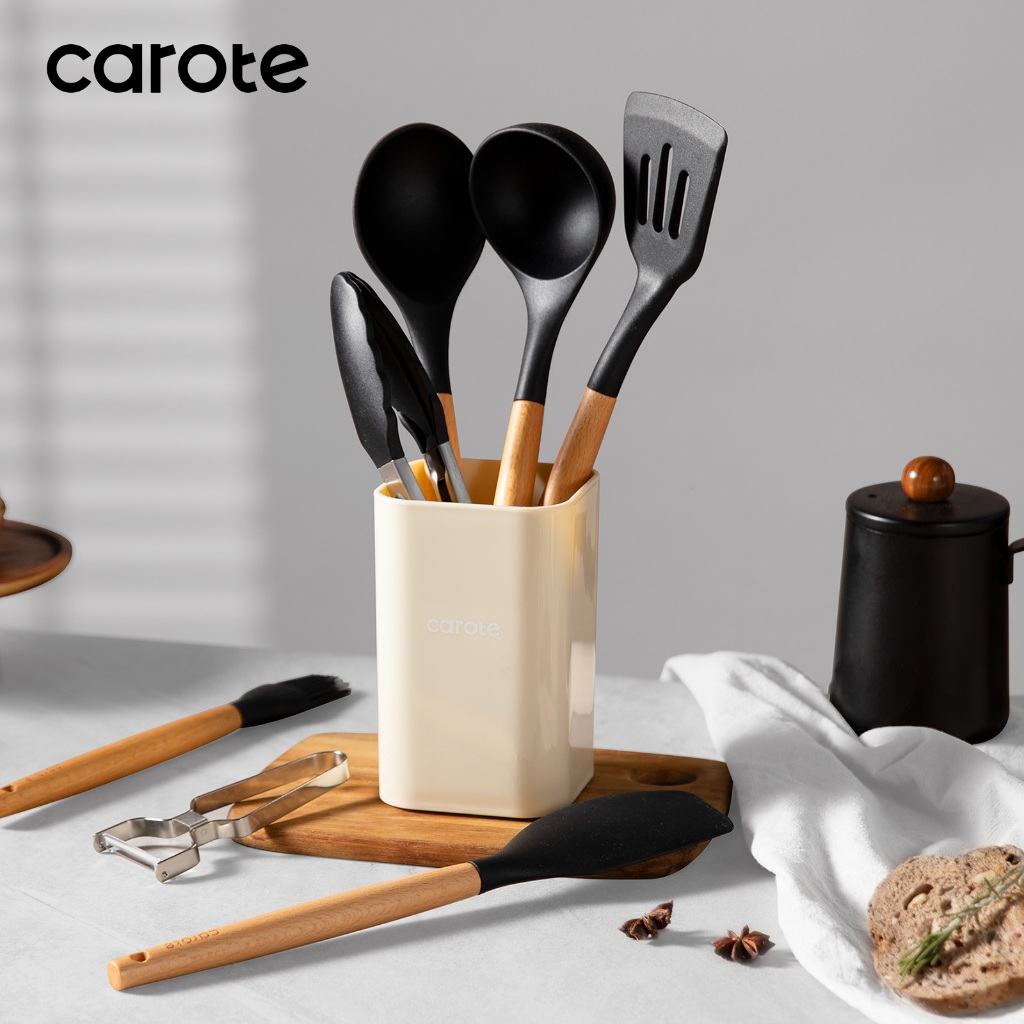CAROTE Silicone Kitchen Utensils Set 8pcs Wooden Handle Slotted Non ...
