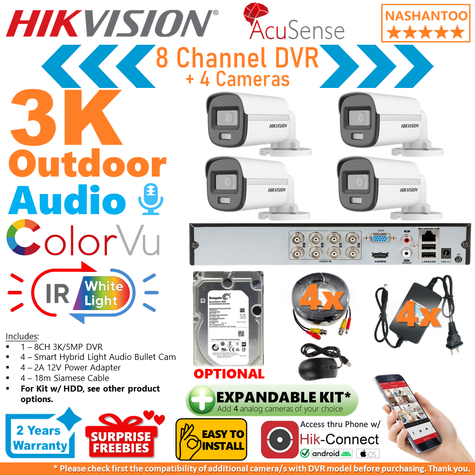 Hikvision 8CH 3K/5MP 4Camera Audio ColorVu Outdoor Bullet AcuSense DIY CCTV Package Kit 8/4CRA5 ...
