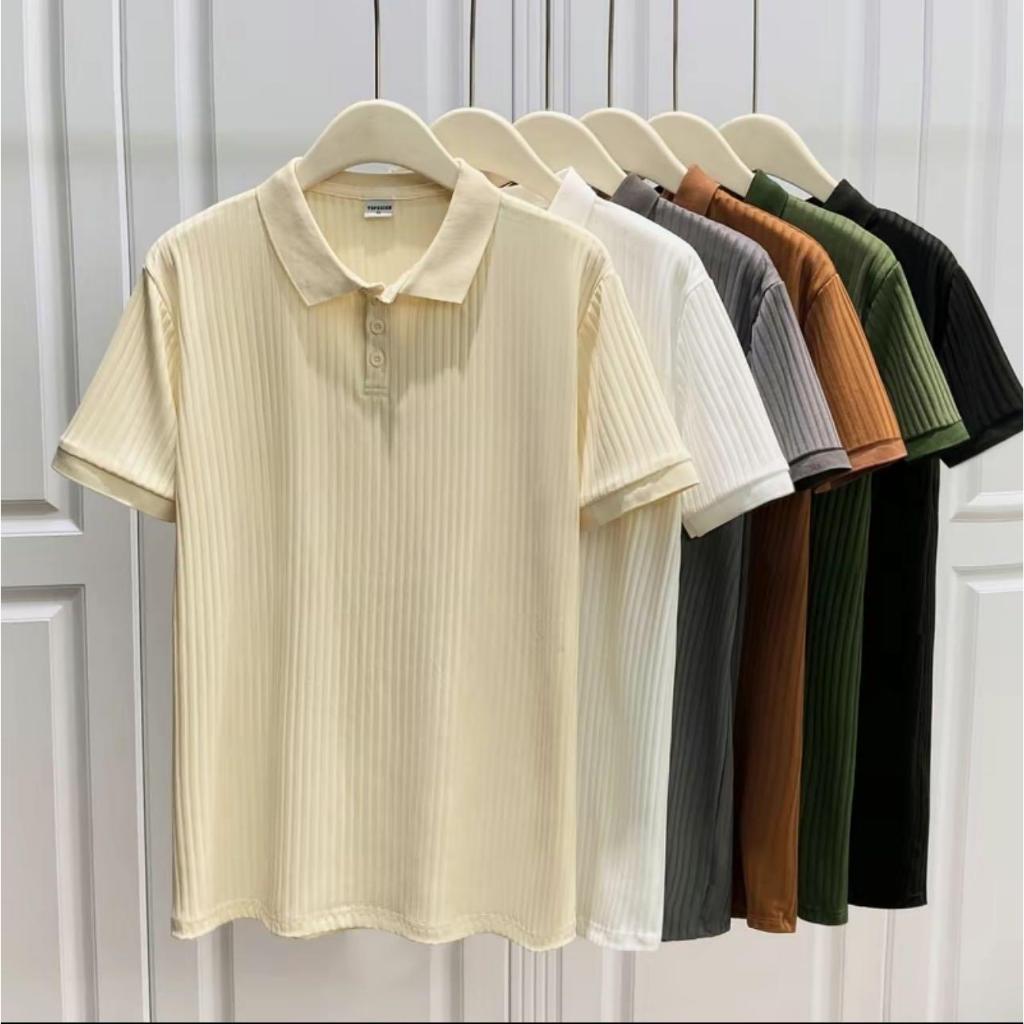 TOPSHION 8809# Casual Knitted polo Shirt Short-Sleeved Summer Trendy Lapel Men's Solid Color ...
