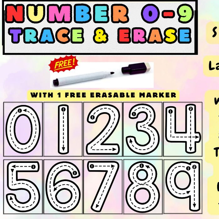 TRACE AND ERASE LAMINATED FLASH CARDS - NUMBERS 0-9 W/FREE 1 ERASABLE ...