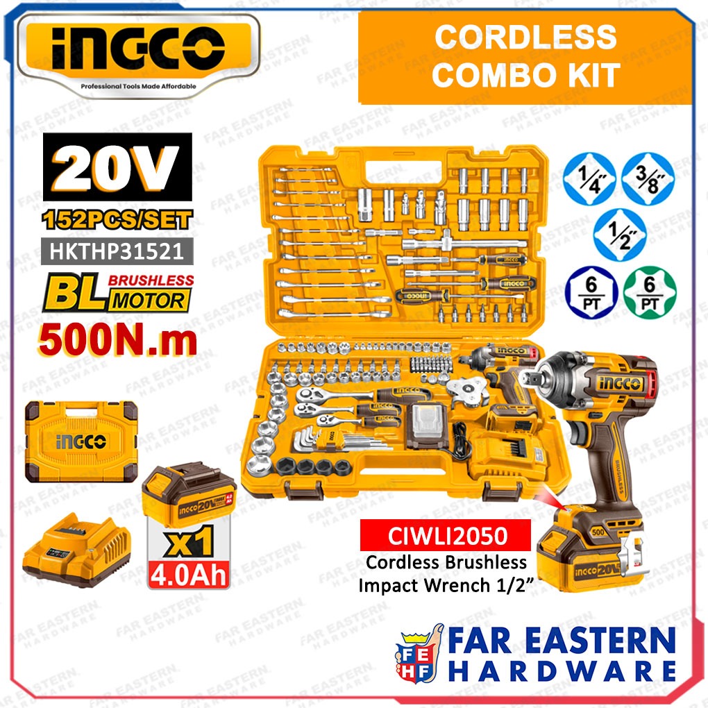 INGCO COMBO KIT Cordless Brushless Impact Wrench 1/2" 20V + 152pcs ...