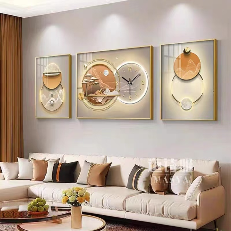 Triptych clock mural living room aesthetic mural wall decoration frame ...