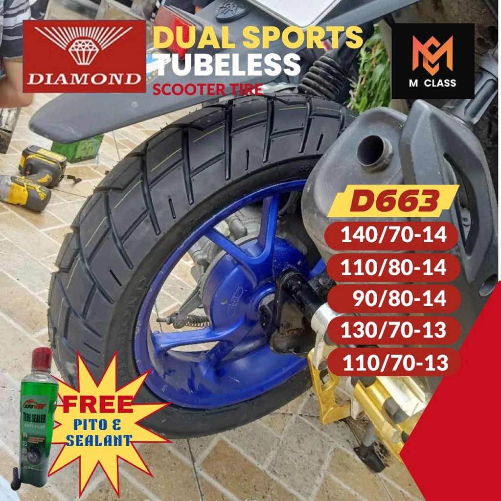 R14 D663 DUAL SPORTS SCOOTER TIRE TUBELESS FOR CLICK, BEAT, AIRBLADE- DIAMOND TIRE 90/80 & 110/ ...