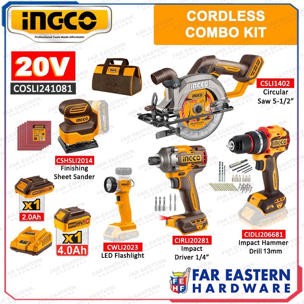 INGCO COMBO KIT Cordless Drill | Driver | Flashlight | Sander ...