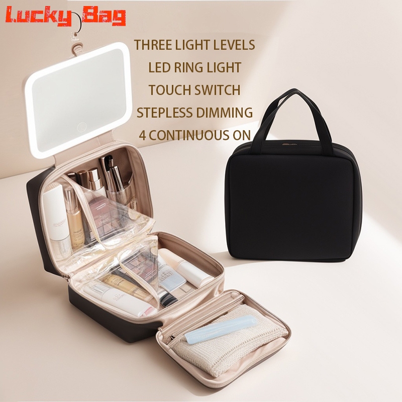Removable Mirror Makeup Bag With Mirror Tricolor LED Light Organizer ...