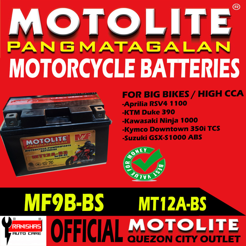 Motolite MT12A-BS (MF9b-BS) PowerSports AGM Battery -Bike Bike Kawasaki ...