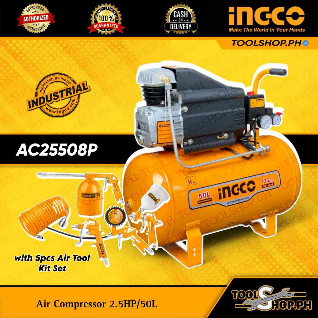 INGCO Air Compressor 2.5HP/50L AC25508P w/ COMPLETE AIR TOOL SET ...
