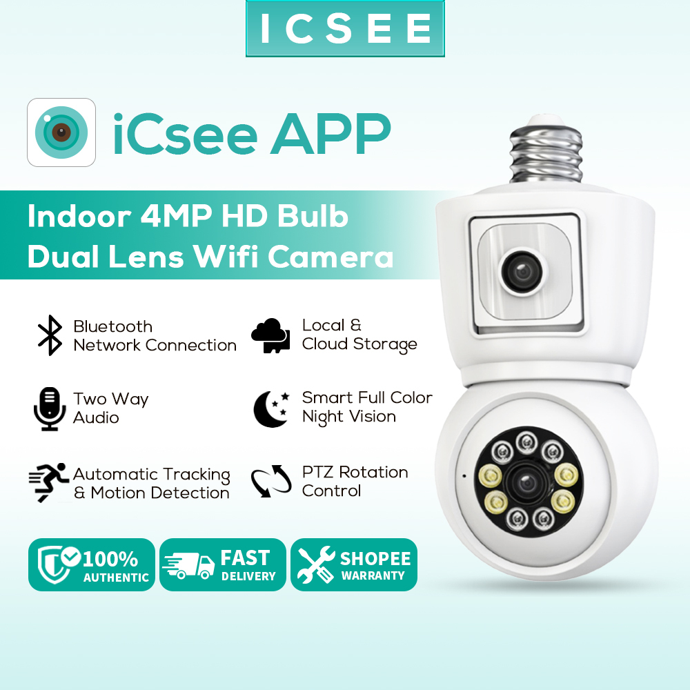 ICSEE 4MP Dual Lens Bulb CCTV Camera AC Power Supply 355° Bulb Wireless ...