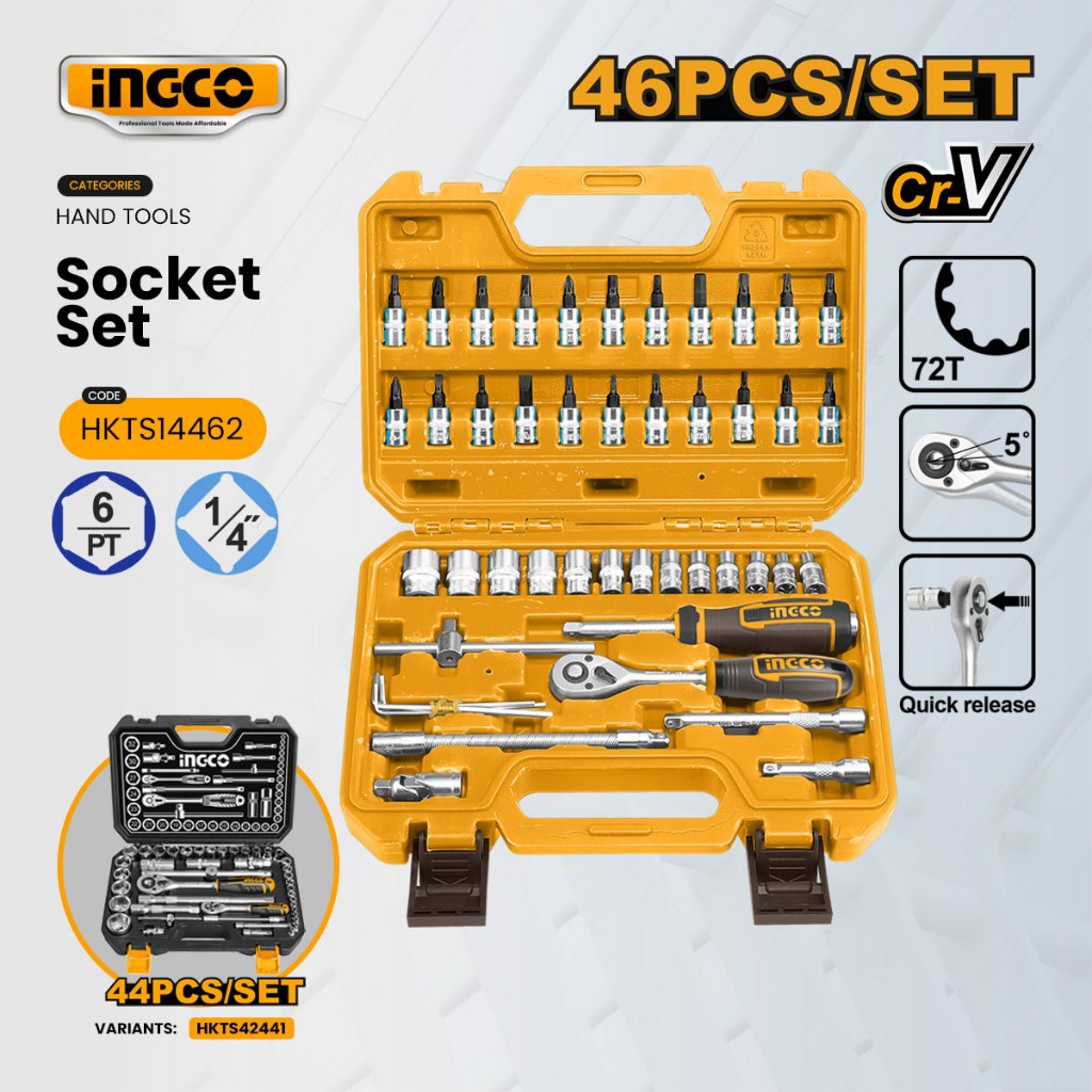 Ingco 44pcs/46pcs Socket Wrench Set 1/4'' & 1/2'' Drive Ratchet Tool Kit Repair Hand Tools Set ...