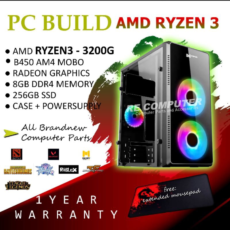 Pc Build AMD Ryzen 3 3200G 8gb ddr4 / 256gb Ssd / Glass Case with Psu ...