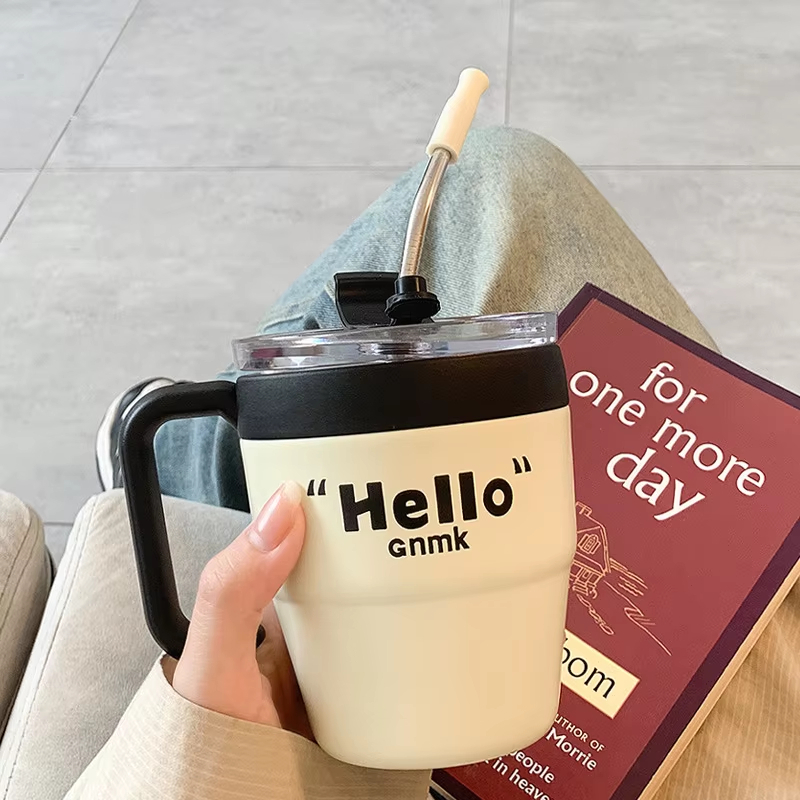KM Cute Mug with Straw Double wall vacuum iced coffee cup tumbler ...