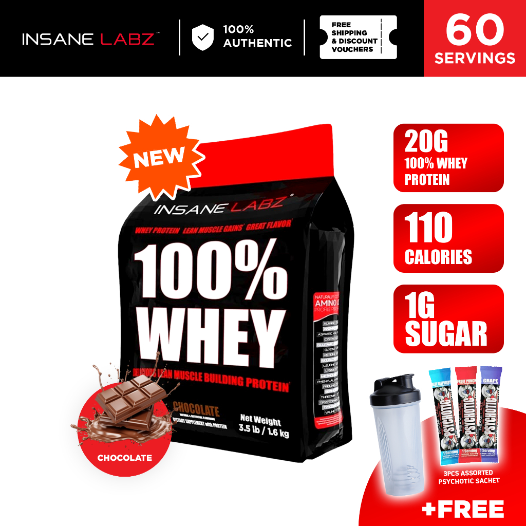 Insane Labz 100% Whey 60 Servings w/ FREE SHAKER & FREE 3PCS ASSORTED ...