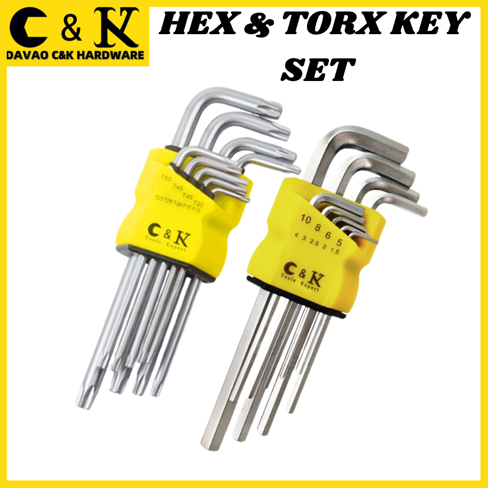[CK05] 9 Pcs Hex Key Set|Torx Key Set Cr-V (1.5, 2, 2.5, 3, 4, 5, 6, 8 ,10mm) Flat Allen Wrenc ...