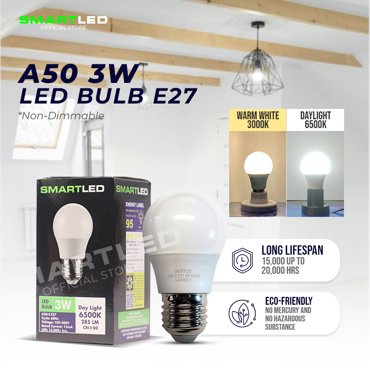 SmartledPH 3W A50 LED BULB LIGHT E27 6500K 3000K | Shopee Philippines
