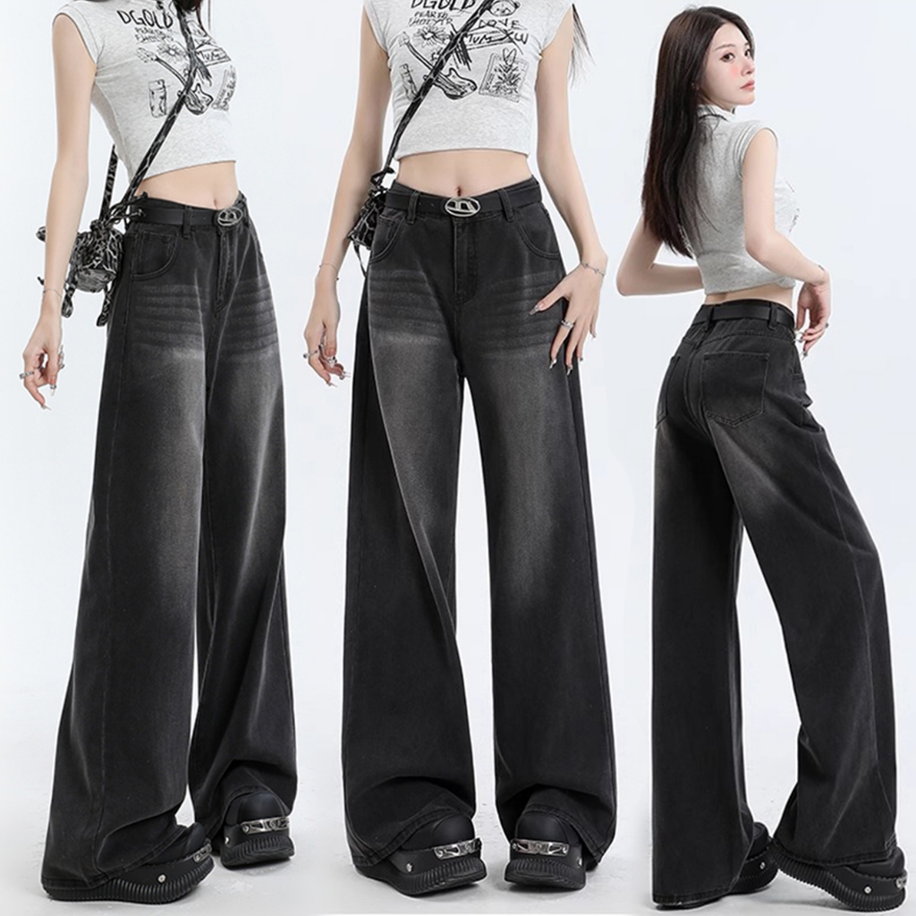 S-5XL~Long jeans pants black blue denim straight wide leg loose Korean ...