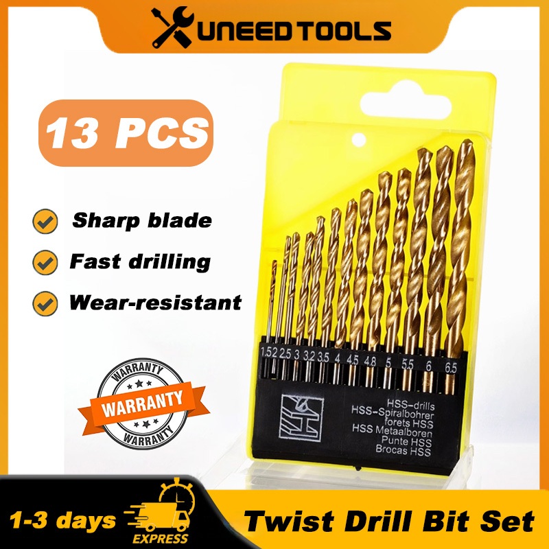 13PCS HSS Titanium Twist Drill Bit Set Metric Round Shank For Metal Steel Alloy Wood 1.5mm - 6 ...