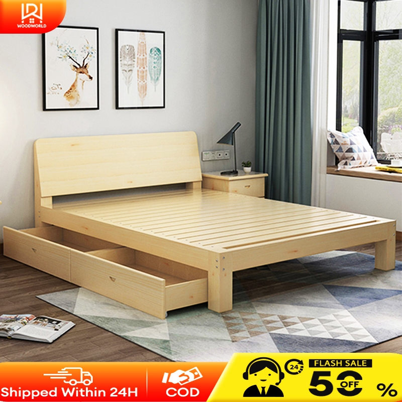 Solid wood bed with drawers 120/150/180 CM double wooden bed frame ...