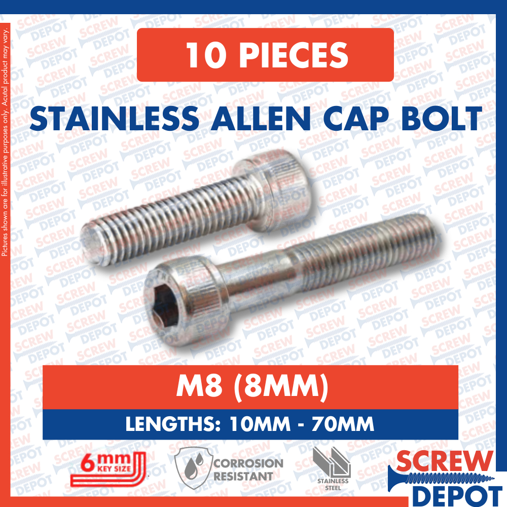 10PCS M8 (8mm) x 10mm - 70mm Stainless Allen Cap bolt / Socket Head ...