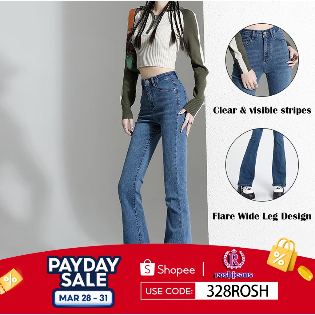 Rosh Jeans Flare Pants for Women High Waist Retro Slim Fit Wide Leg ...