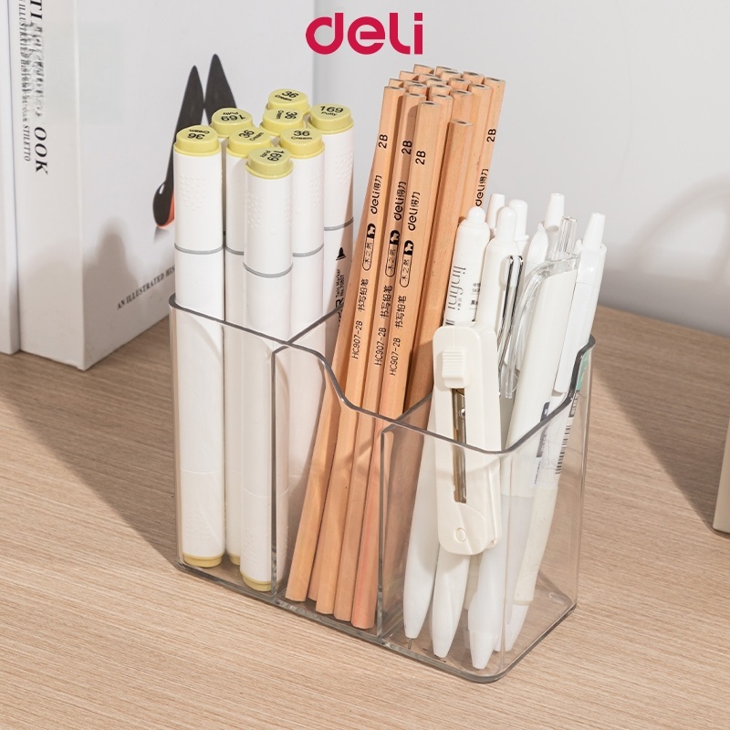 Deli Desk Organizer Pen Holder Transparent 3 Grids Round Square ...