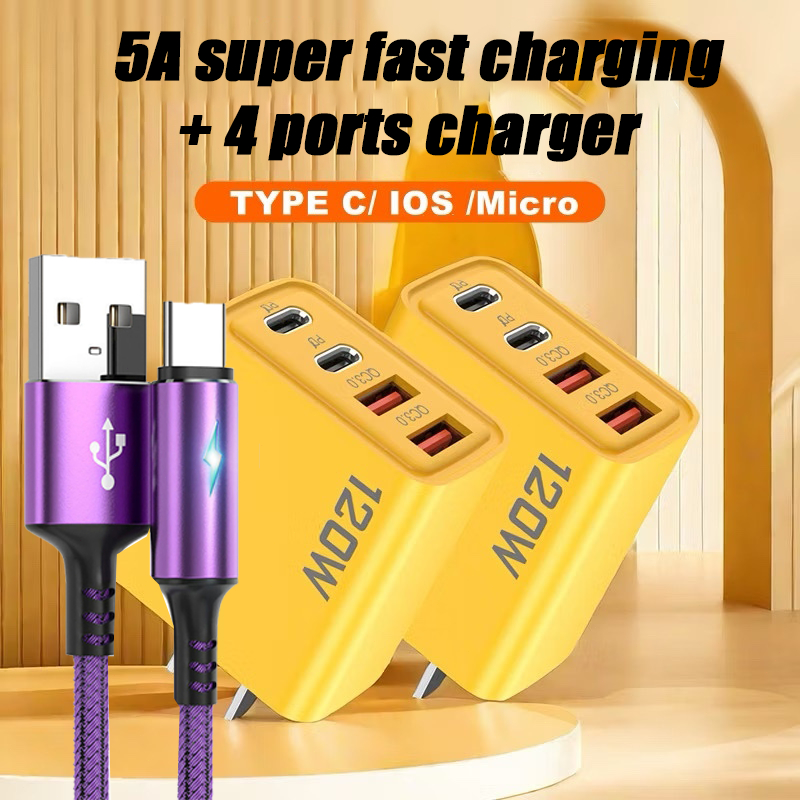 Micro USB Cable +4 ports charger fast charging 5A Type-C Data Cable LED ...