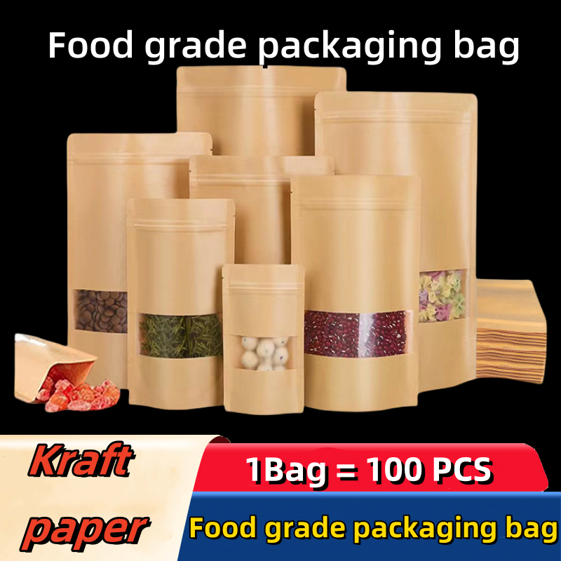 100pcs Kraft Brown Paper Bag Stand Resealable Plastic Pouch with Zip ...