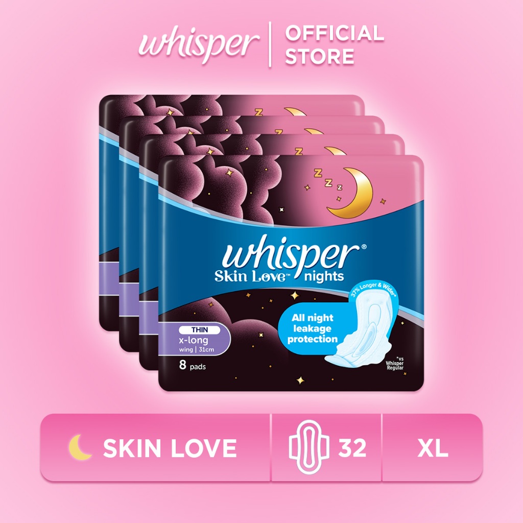 [4-Pack Bundle] Whisper Skin Love Nights Thin X-Long Wing 31cm 8 pads ...